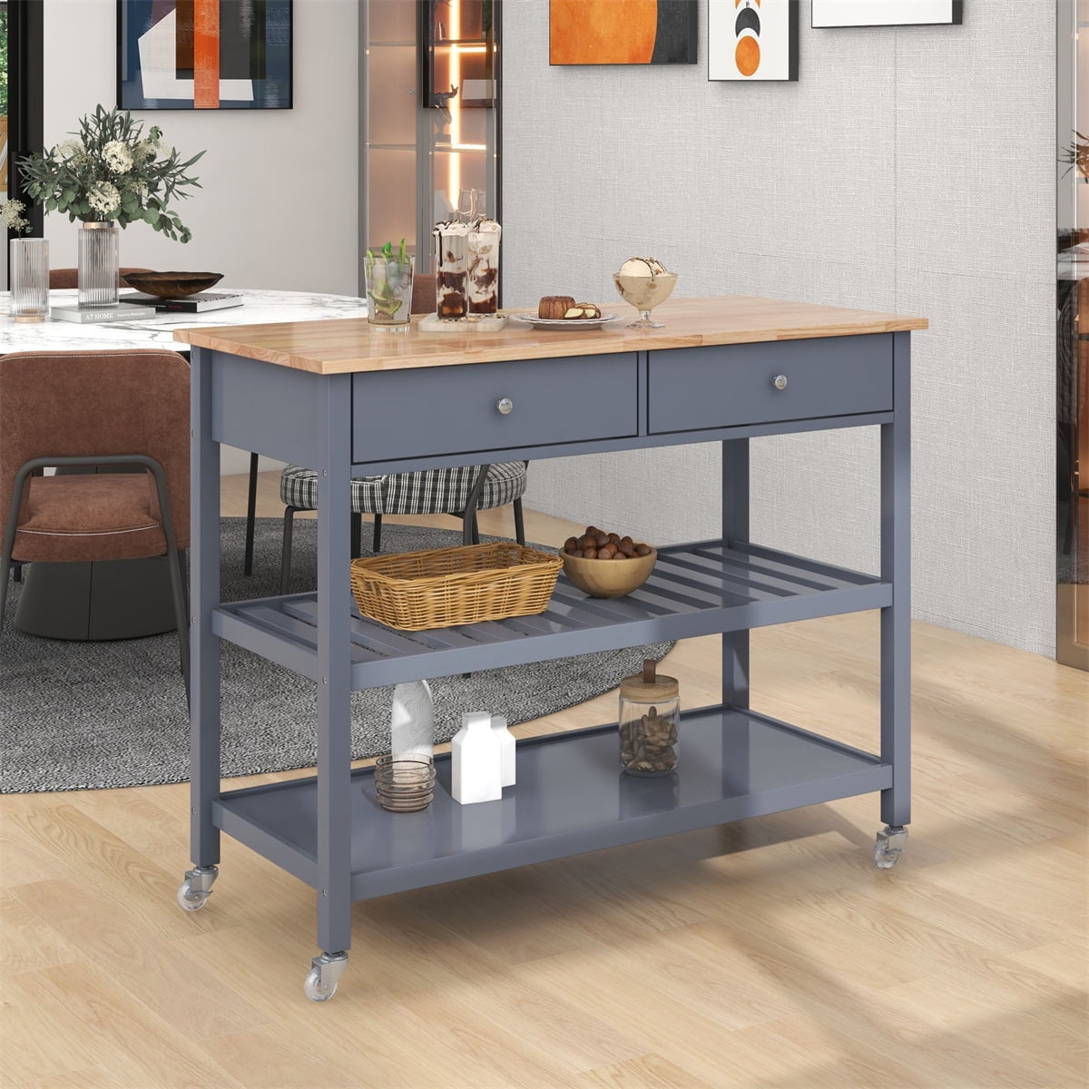 Rolling Kitchen Cart, Kitchen Island Cart with Solid Wood Top & Locking ...