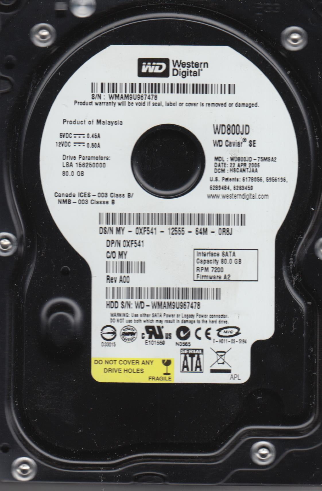 WD800JD-75MSA2, DCM HSCANTJAA, Western Digital 80GB SATA 3.5 Hard Drive ...