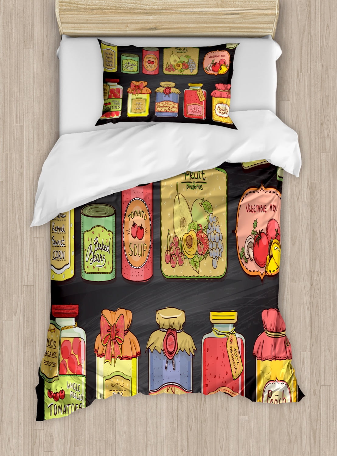 Retro Duvet Cover Set Twin Size, Hand Drawn Canned Goods Beans and Jam ...