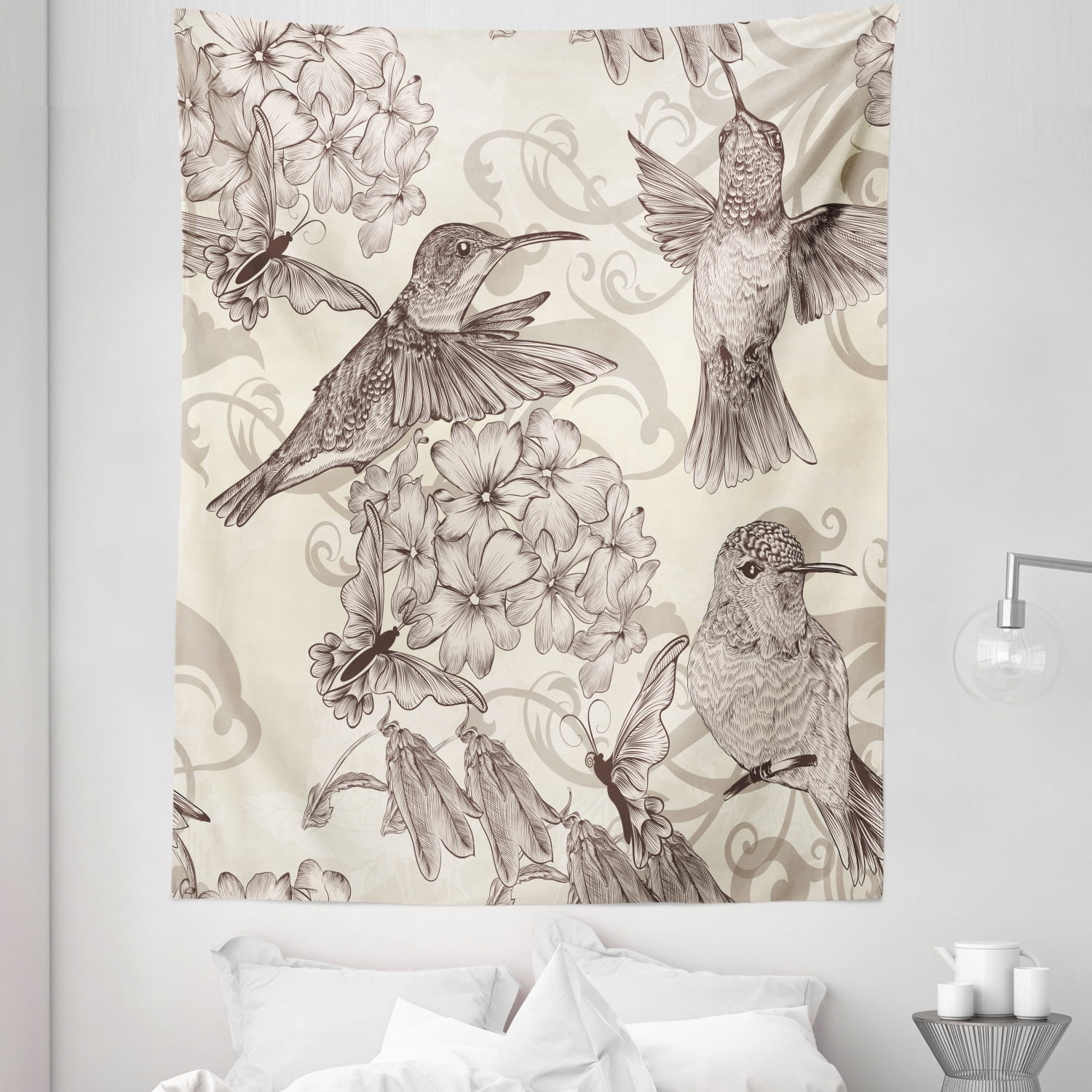 Hummingbirds Tapestry, Birds and Flowers Monochromic Classical Design ...
