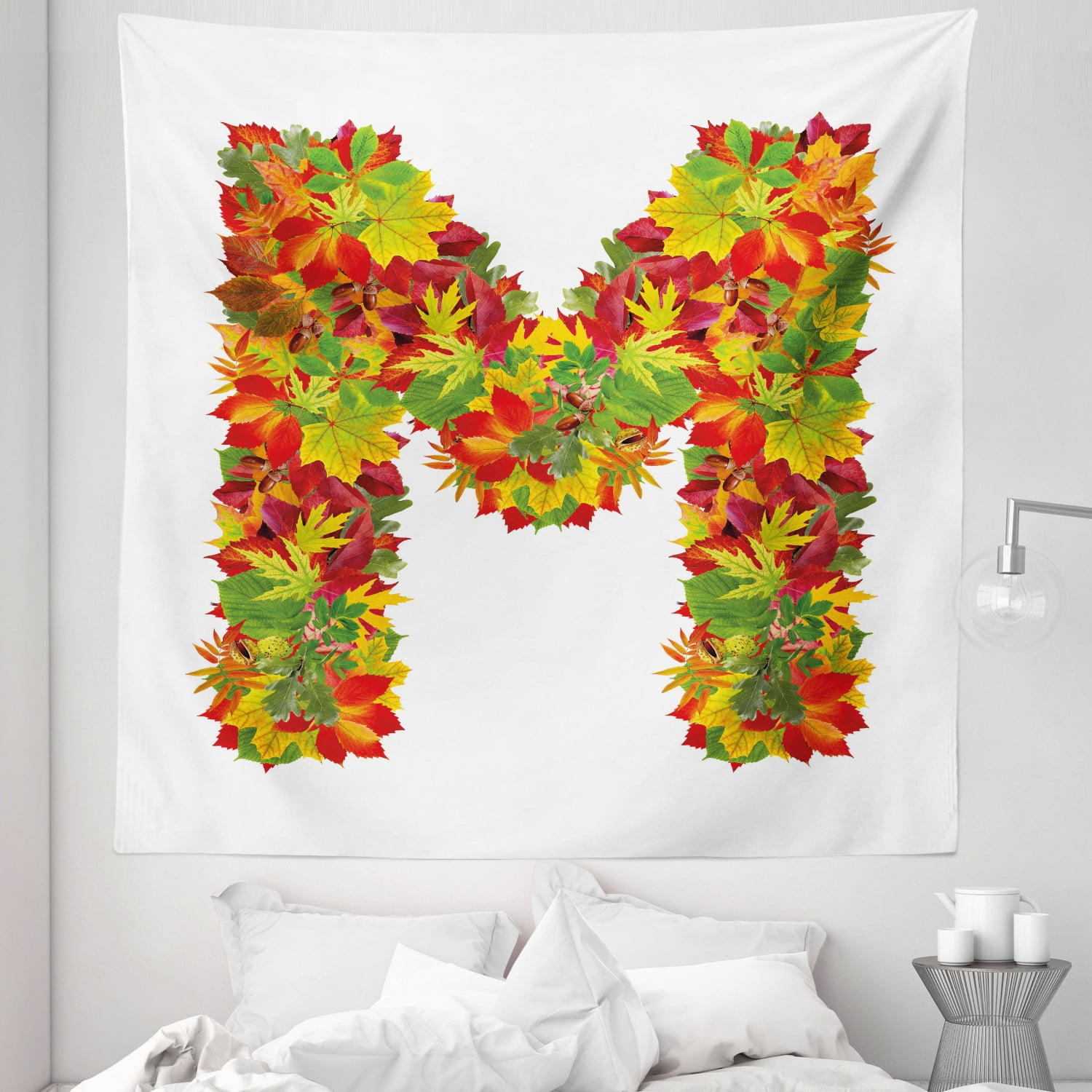 Letter M Tapestry, Fall Season Elements Uppercase M Colored Leaves ...