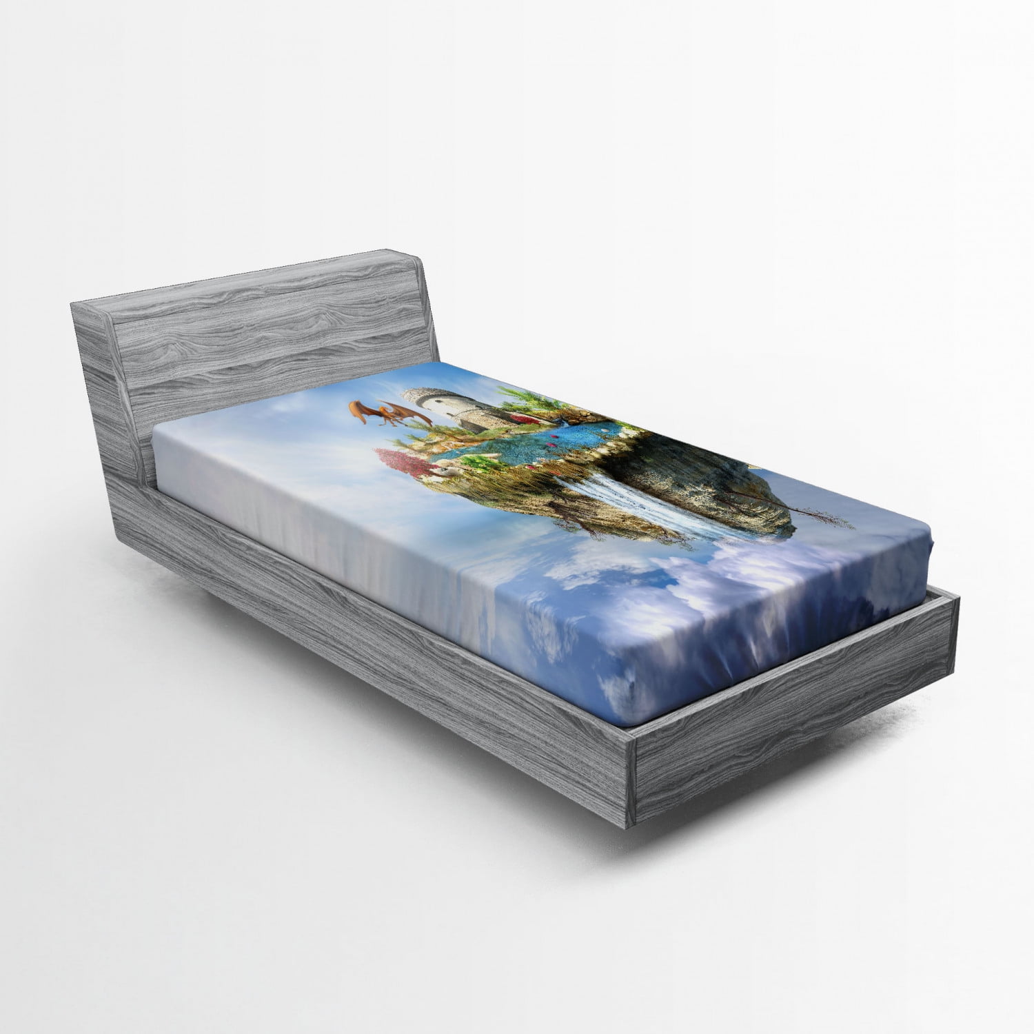 Fantasy Fitted Sheet, Island with Dragon Castle Tower Waterfall and ...