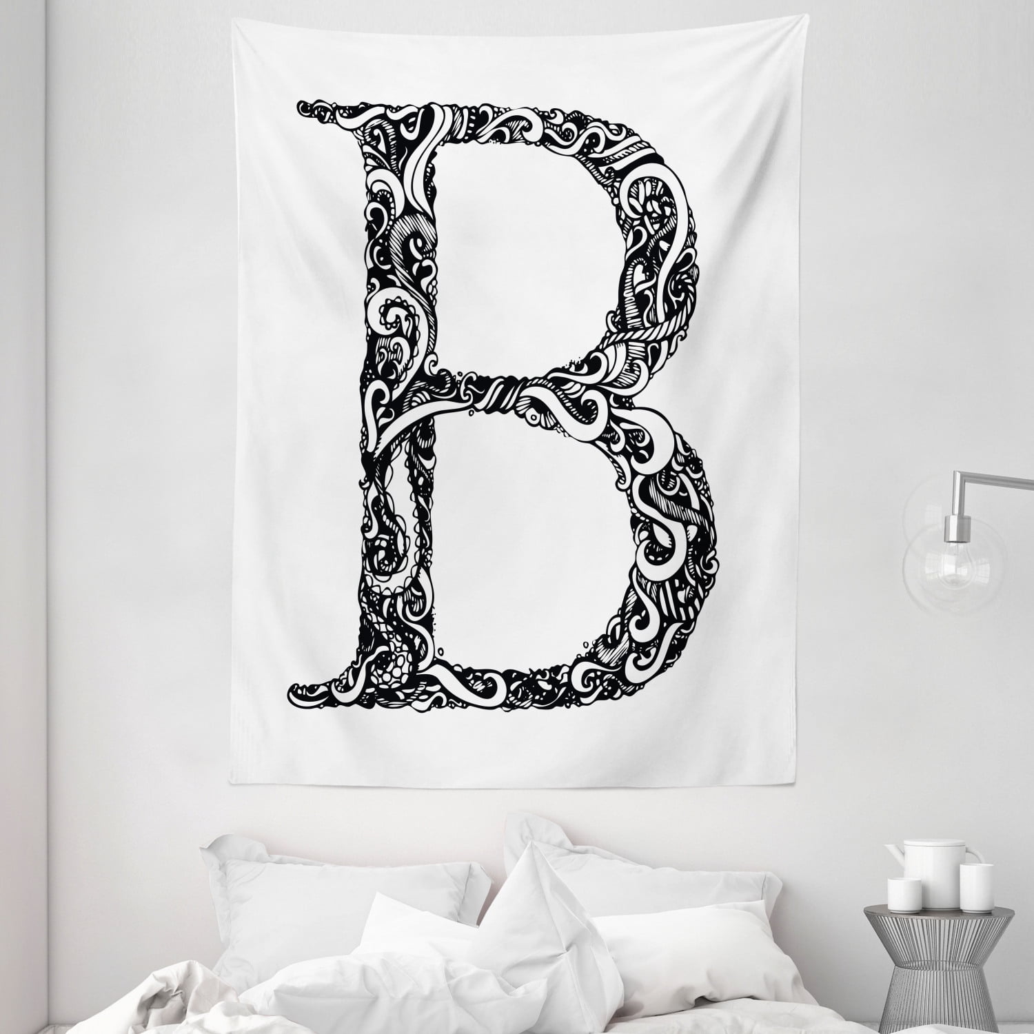 Letter B Tapestry, Black and White Abstract Swirls Classic Design ...