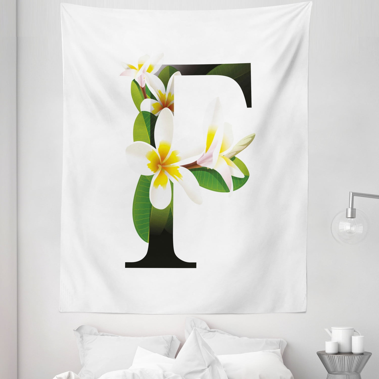 Letter F Tapestry, Frangipani Lively Green Leaves Vibrant Color Floral ...