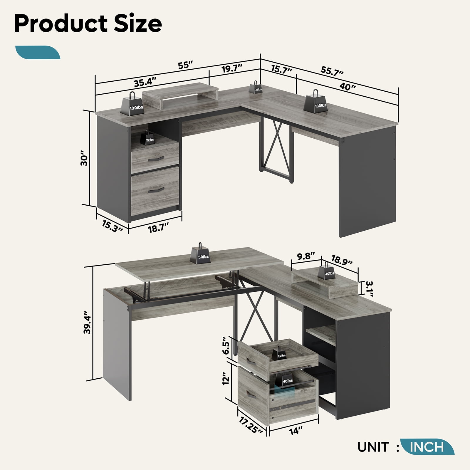 Bestier 55 inch L-Shaped Lift Top Desk with Storage, Australia | Ubuy