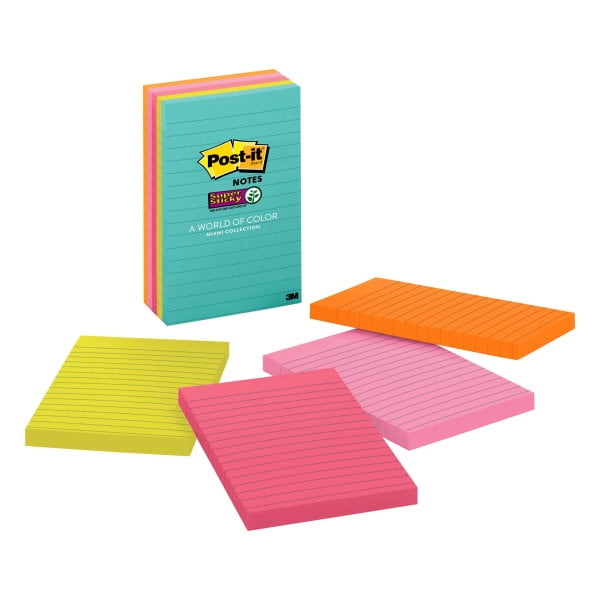 Post it® Super Sticky Notes, 4" x 6", Miami, Lined, Pack Of 5 Pads ...