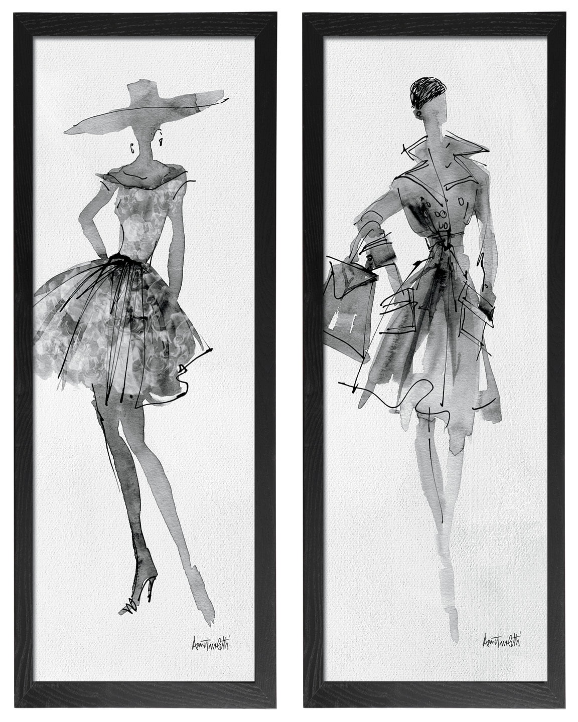 Trendy Runway Fashion Model Sketch Panel Sets by Anne Tavoletti; Two ...