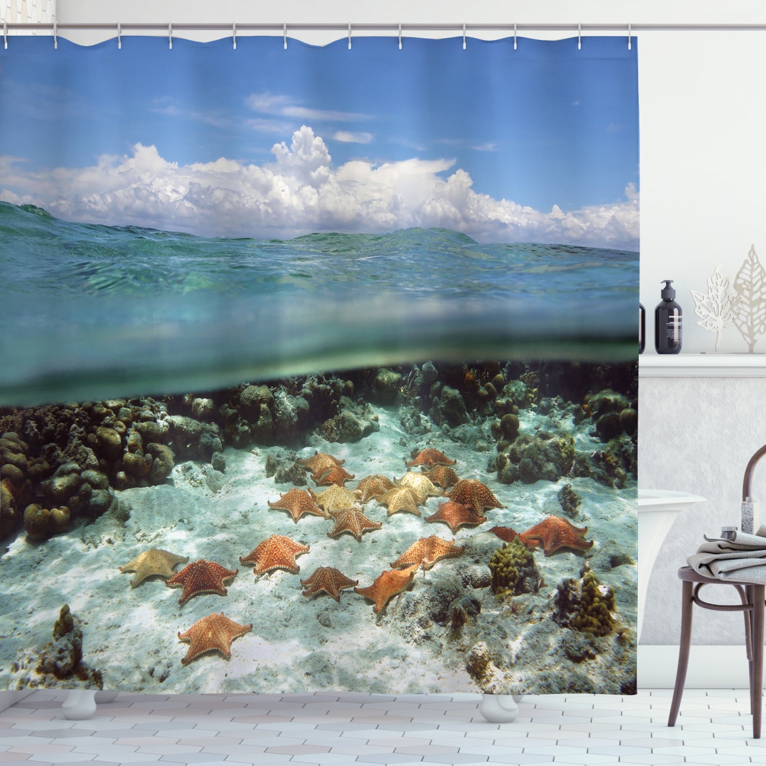 Ambesonne Starfish Shower Curtain, Sky Clouds Sea, 69"Wx84"L ...