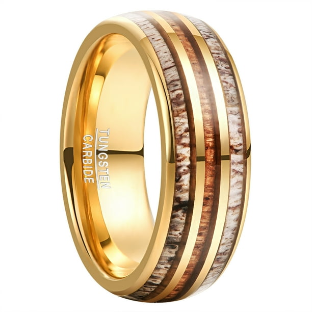 Unisex 8mm Gold Tungsten Carbide Rings with Acacia Wood and Antler ...