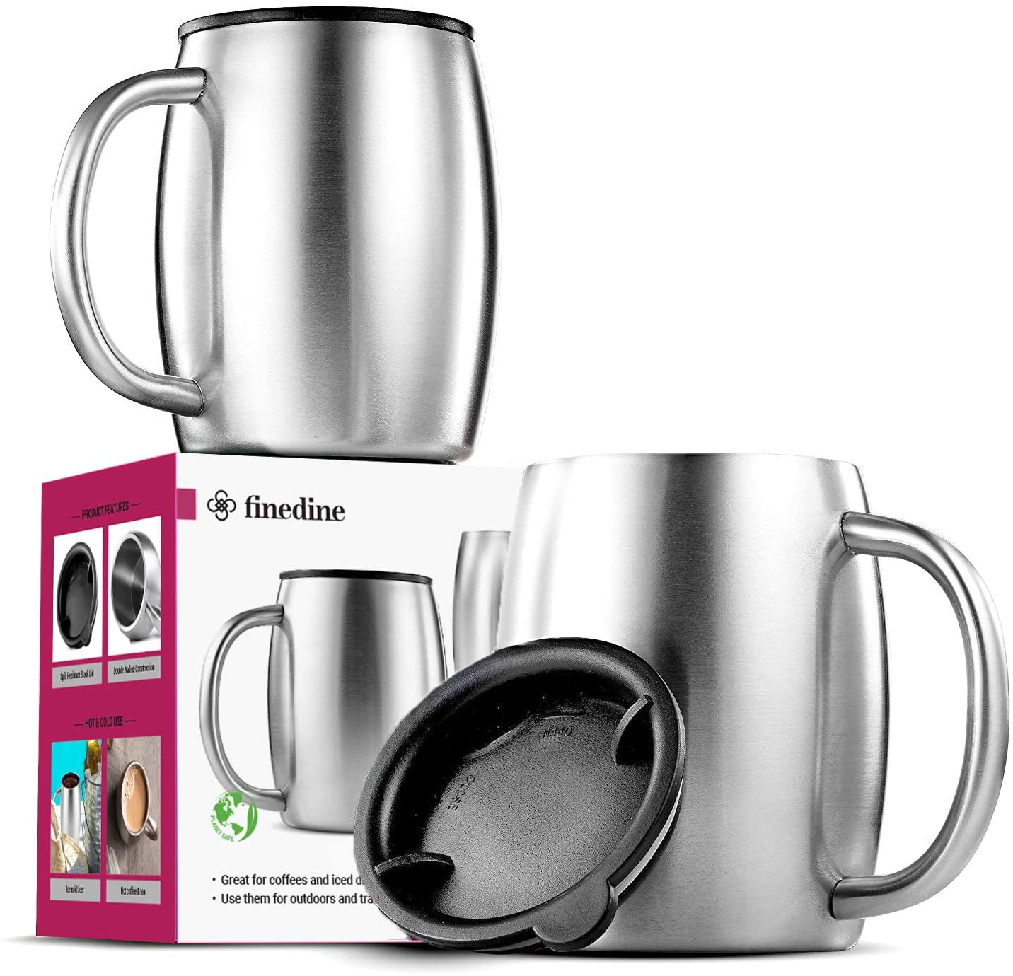 Premium Grade Stainless Steel Coffee Mugs with Lids (Set of 2) Double ...