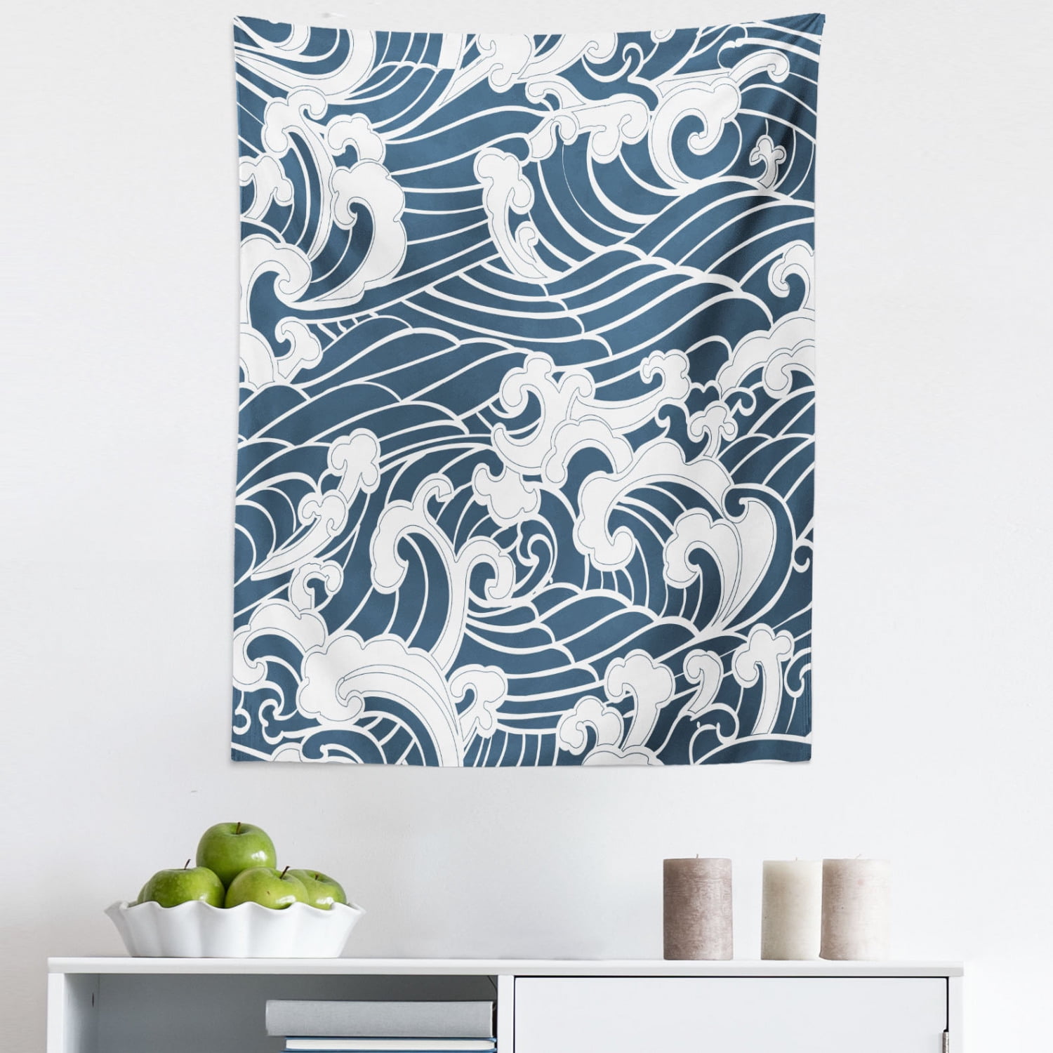 Japanese Wave Tapestry, Hand Drawn Traditional Style Aquatic Doodle ...