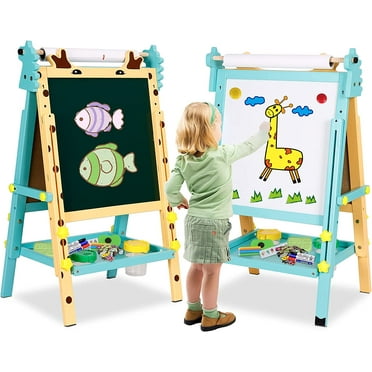 Costway Double-Sided Wooden Art Easel for Children, Adjustable Height ...