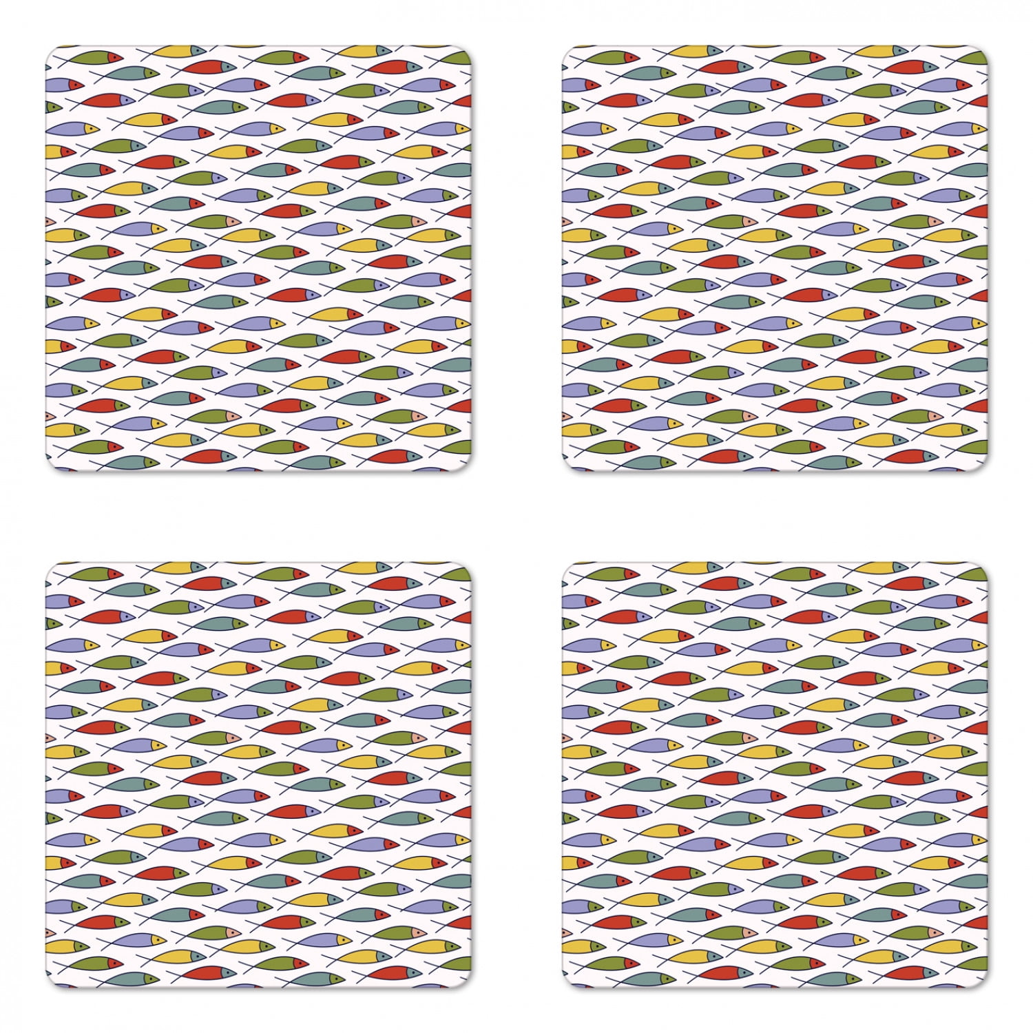 Underwater Coaster Set of 4, Simplistic Floating Fish Forms in Row Kids ...