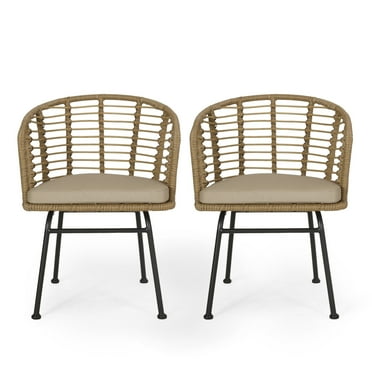Edson Outdoor Wicker Dining Chairs with Cushion, Set of 2, Light Brown ...