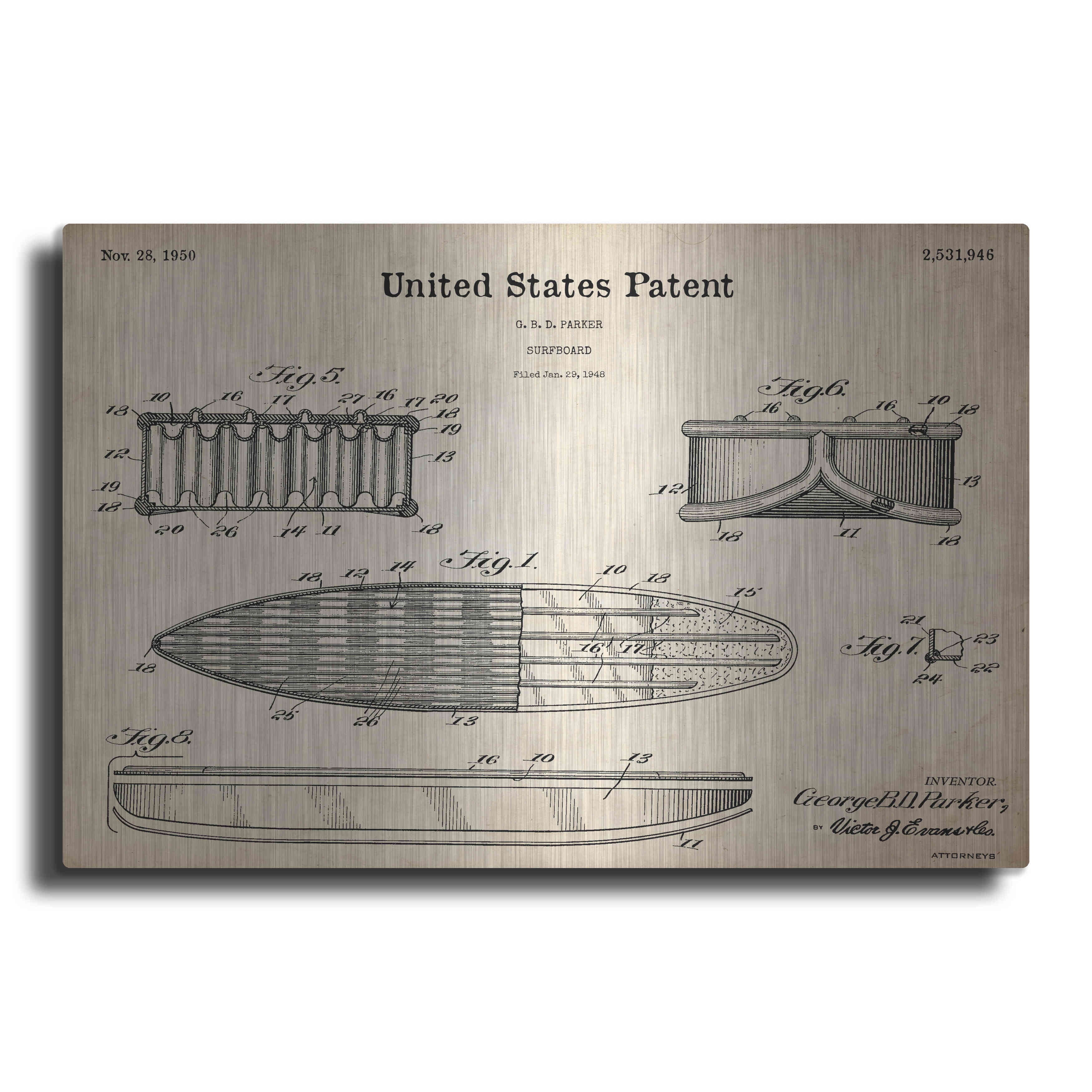 Luxe Metal Art 'Surfboard Blueprint Patent Parchment,' Metal Wall Art ...