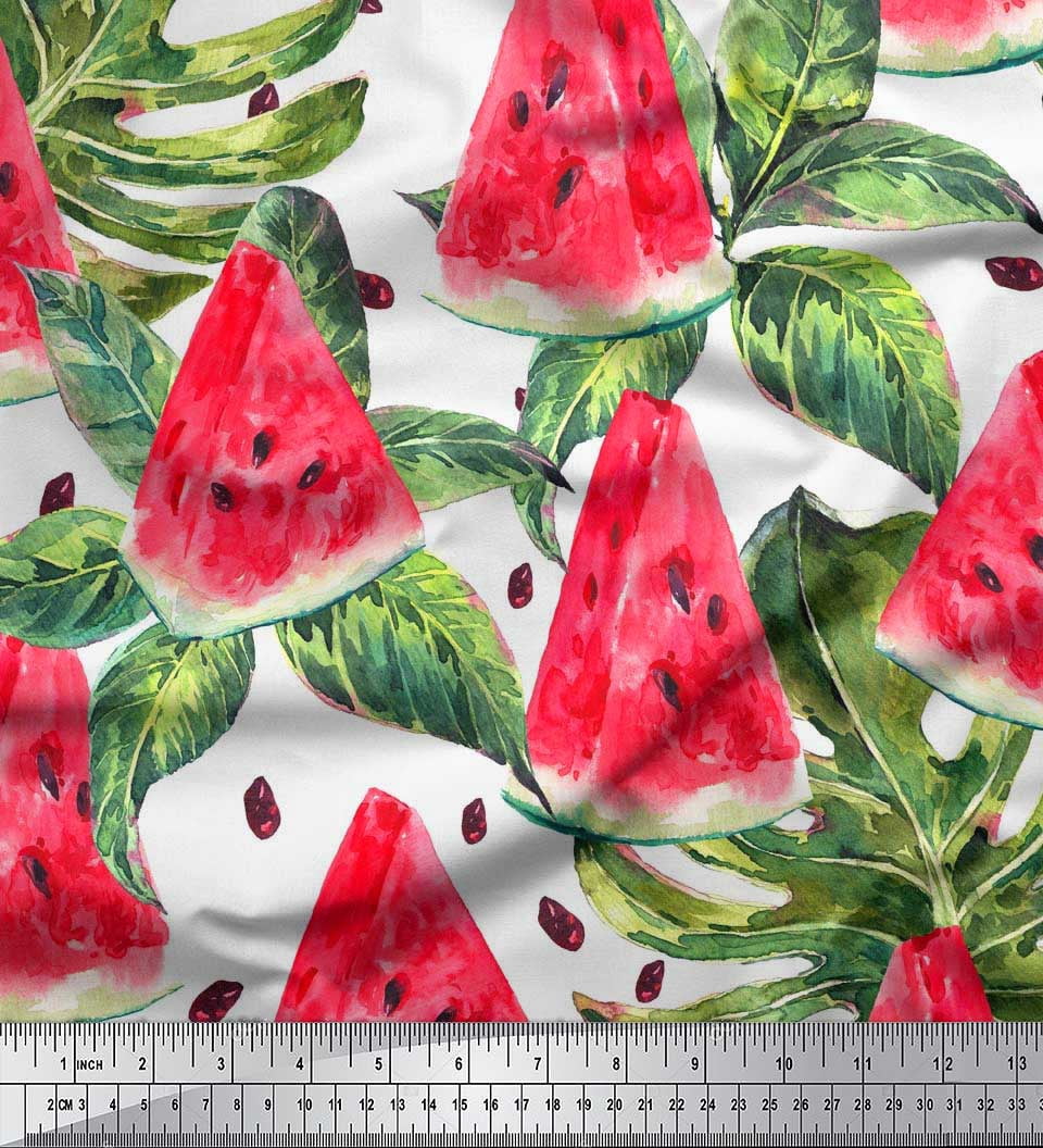 Soimoi Cotton Duck Fabric Monstera Leaves & Watermelon Fruits Print ...