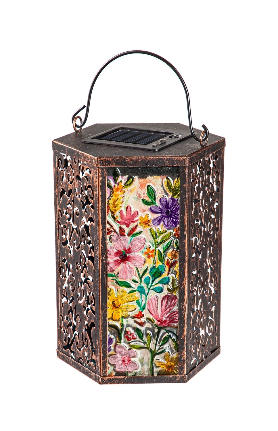 Evergreen Handpainted Embossed Glass and Metal Solar Lantern, Wild ...