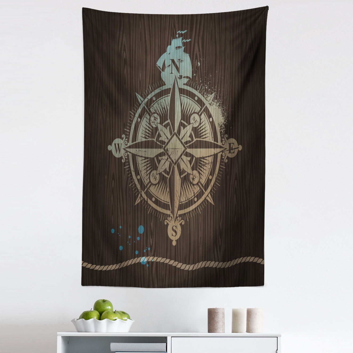 Compass Tapestry, Boating Windrose with Ship on a Wooden Background ...