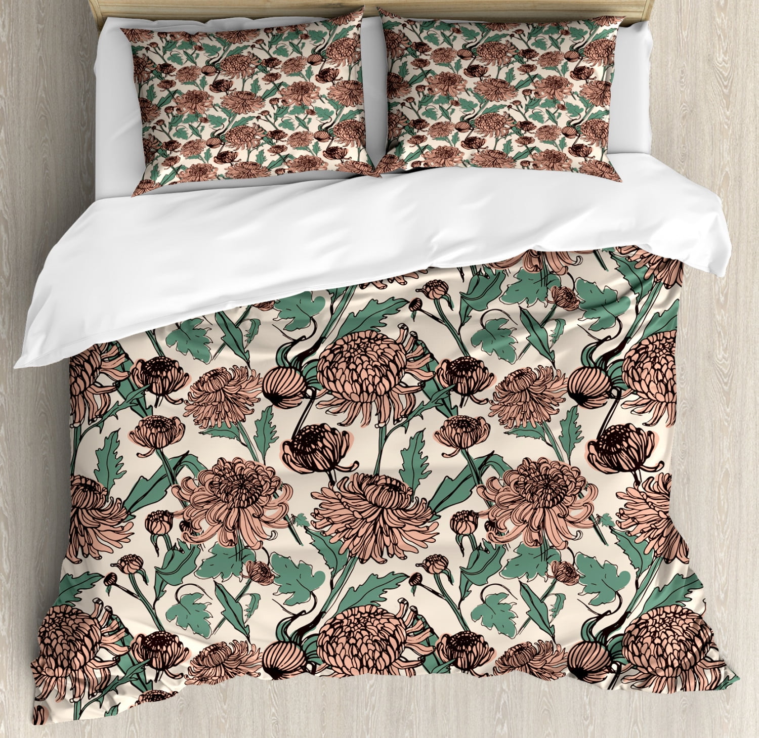 Floral Duvet Cover Set Queen Size Chrysanthemums Buds And Leaves Drawn