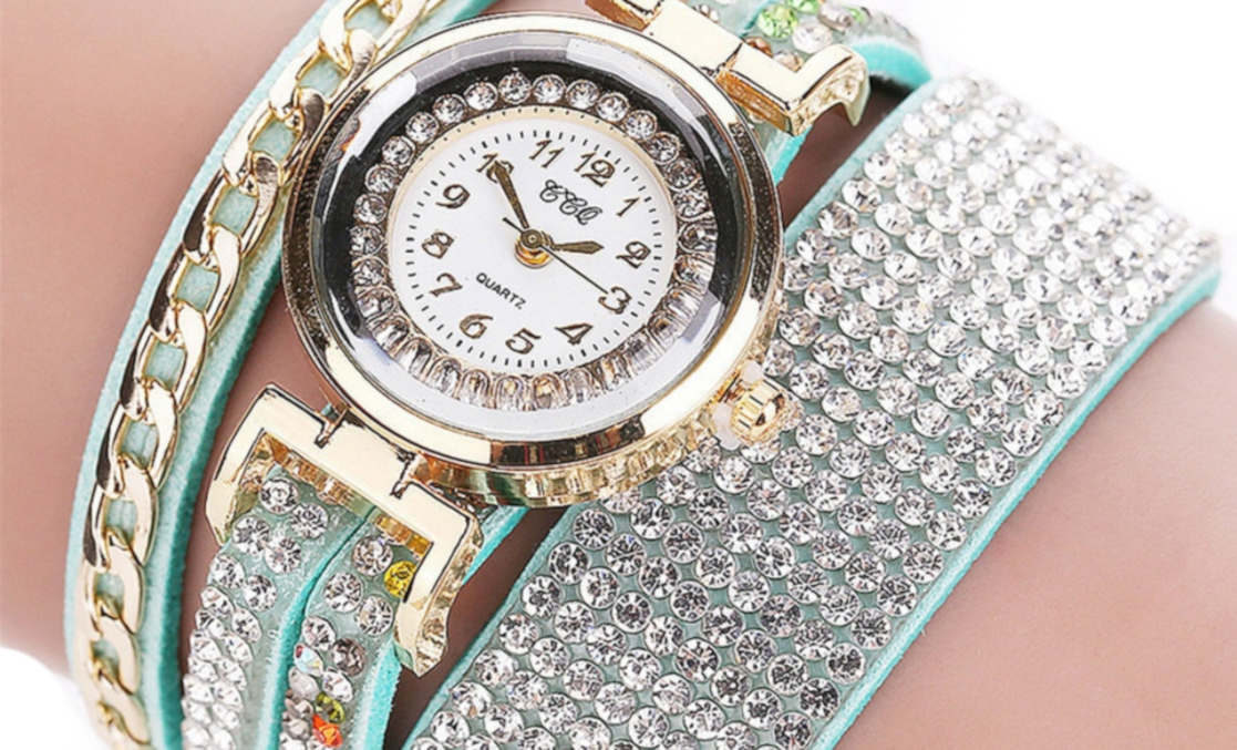 Wrap Around Wrist Mint Green Watch with Over 400 Clear and Colorful ...