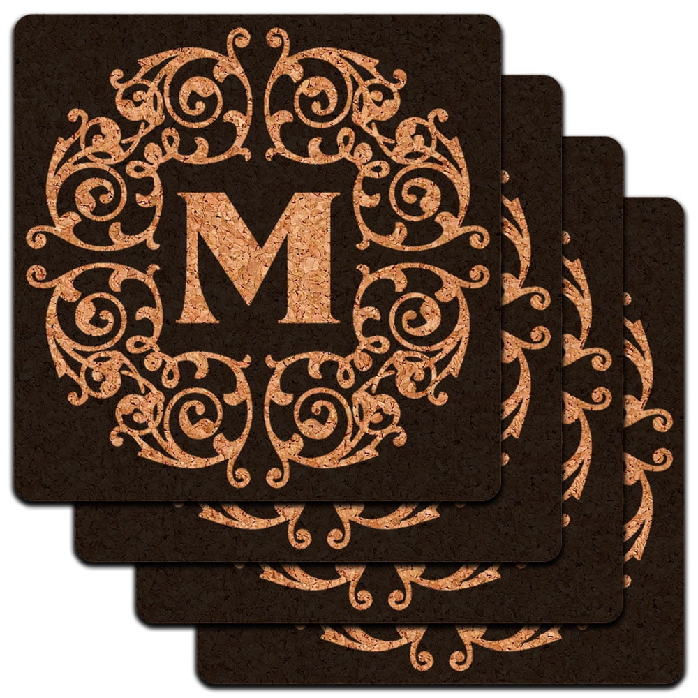 Letter M Initial Black White Scrolls Low Profile Cork Coaster Set ...