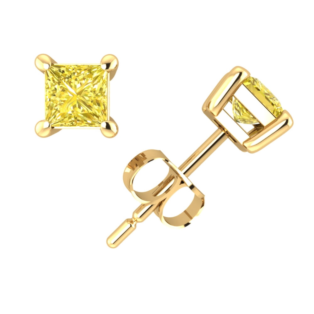0.40Ctw Princess Cut Yellow Diamond Stud Earrings 14k Yellow Gold Prong ...