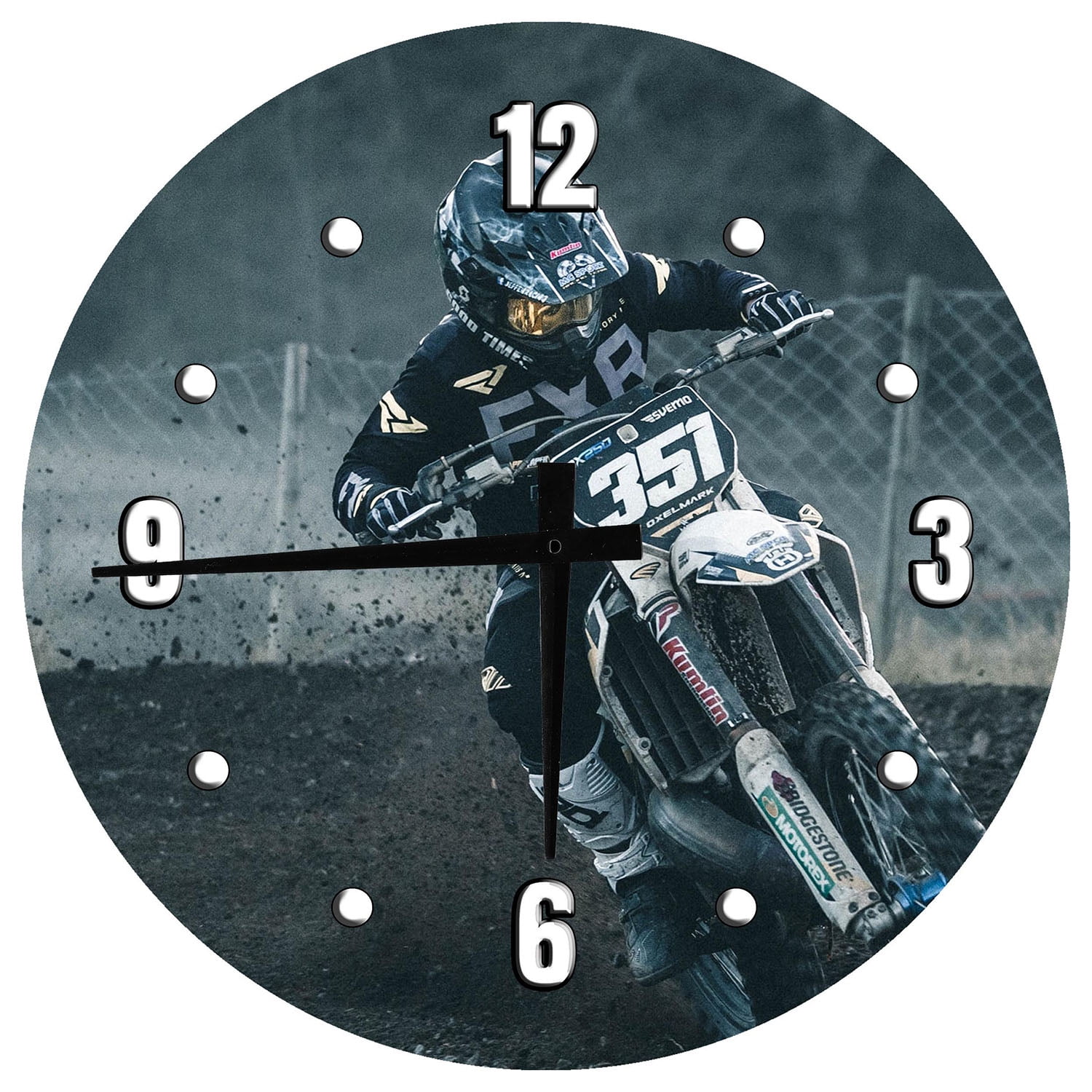 Wood Wall Clock 12 Inch Dirtbike Mud Flying Racing Round Small Battery ...