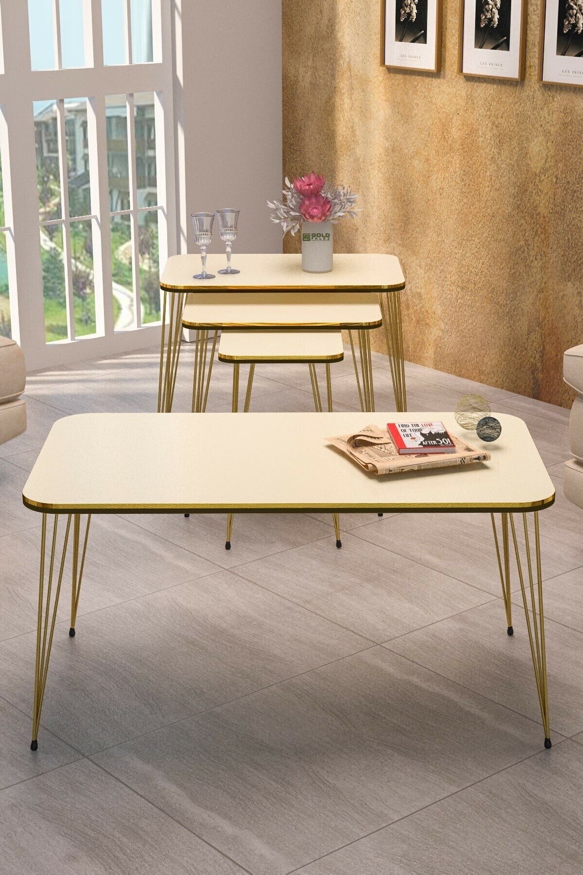 Cream White Coffee Table Set with 4 PCS,Rectangular Set With 3 Modern ...