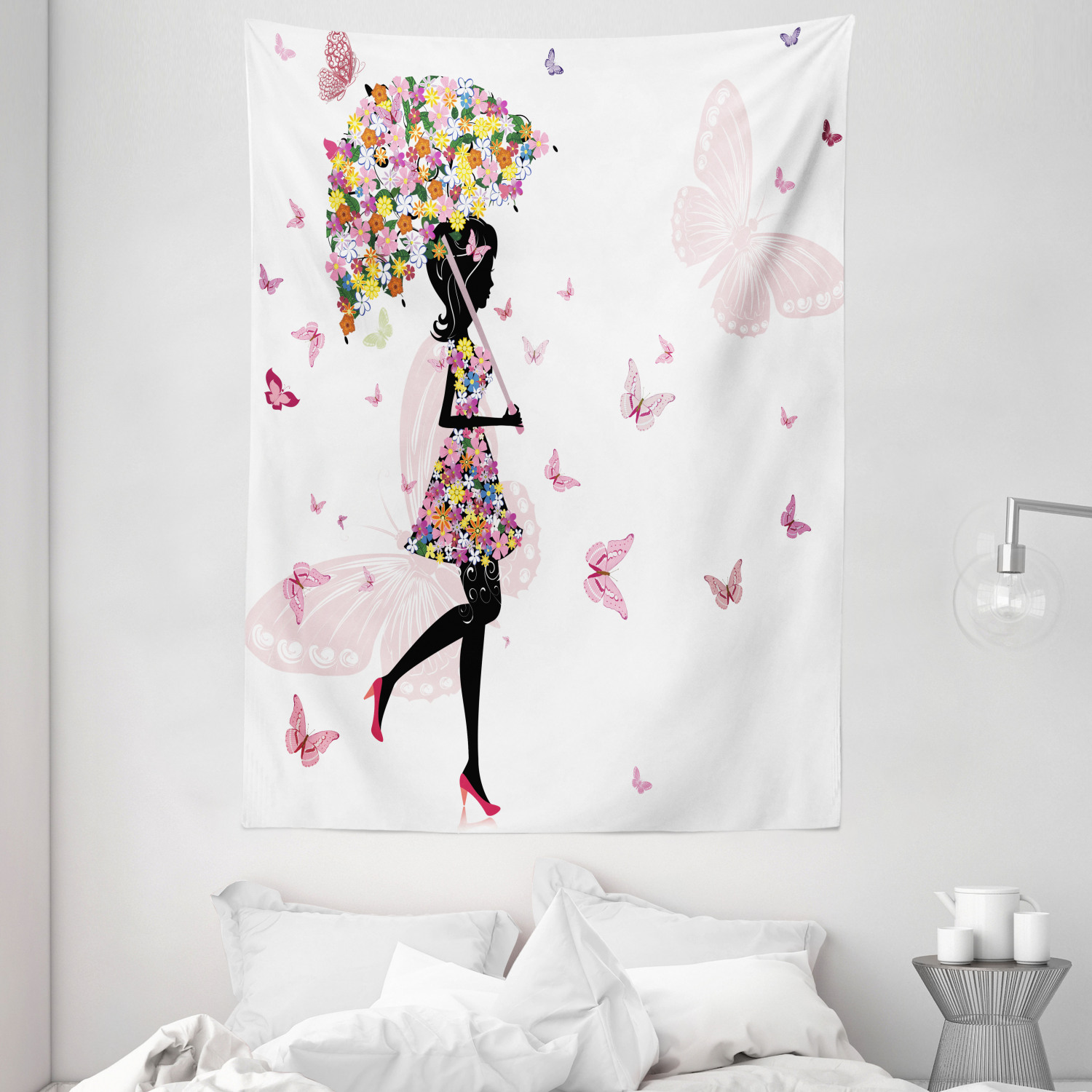 Girls Tapestry, Girl with Floral Umbrella and Dress Walking with ...