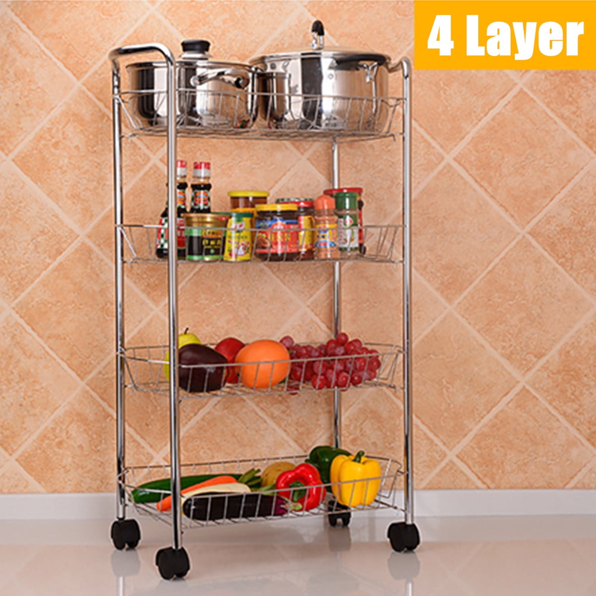 3/4 Layer Kitchen Trolley Wheeled Cart Vegetable Rack Fruit Spice ...