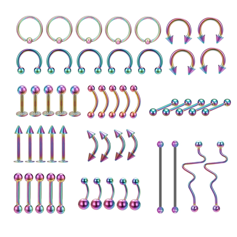 ZS 50Pcs/set Rainbow Belly Button Nose Septum Tongue Lip Monroe Eyebrow ...