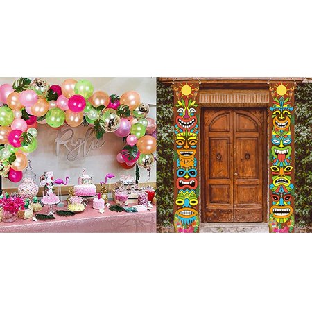 92pcs Tropical Balloons Arch Garland Kit + Tiki Totem Door Banner Sign ...