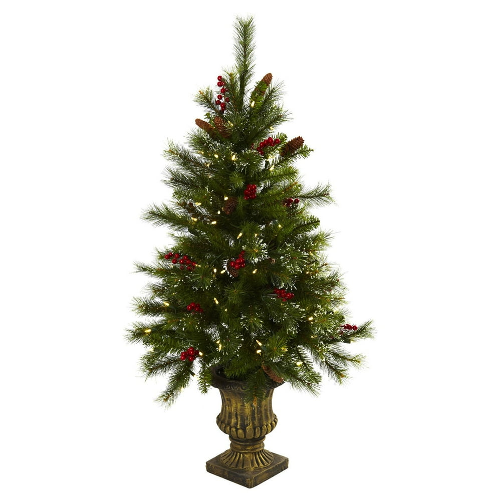 Nearly Natural 4 Ft Pre Lit Christmas Tree With Berries Pine Cones