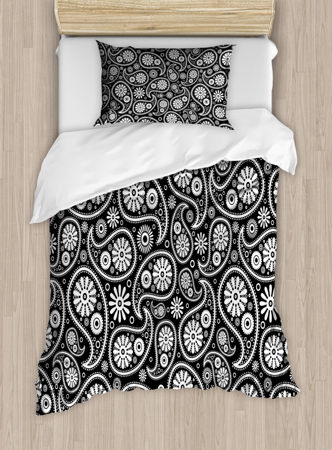 Black and White Twin Size Duvet Cover Set, Nostalgic Paisley Teardrop ...