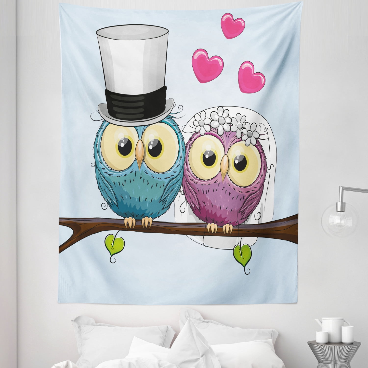 Owl Tapestry, Celebration 2 Cartoon Style Funny Owls Husband Wife Bride ...