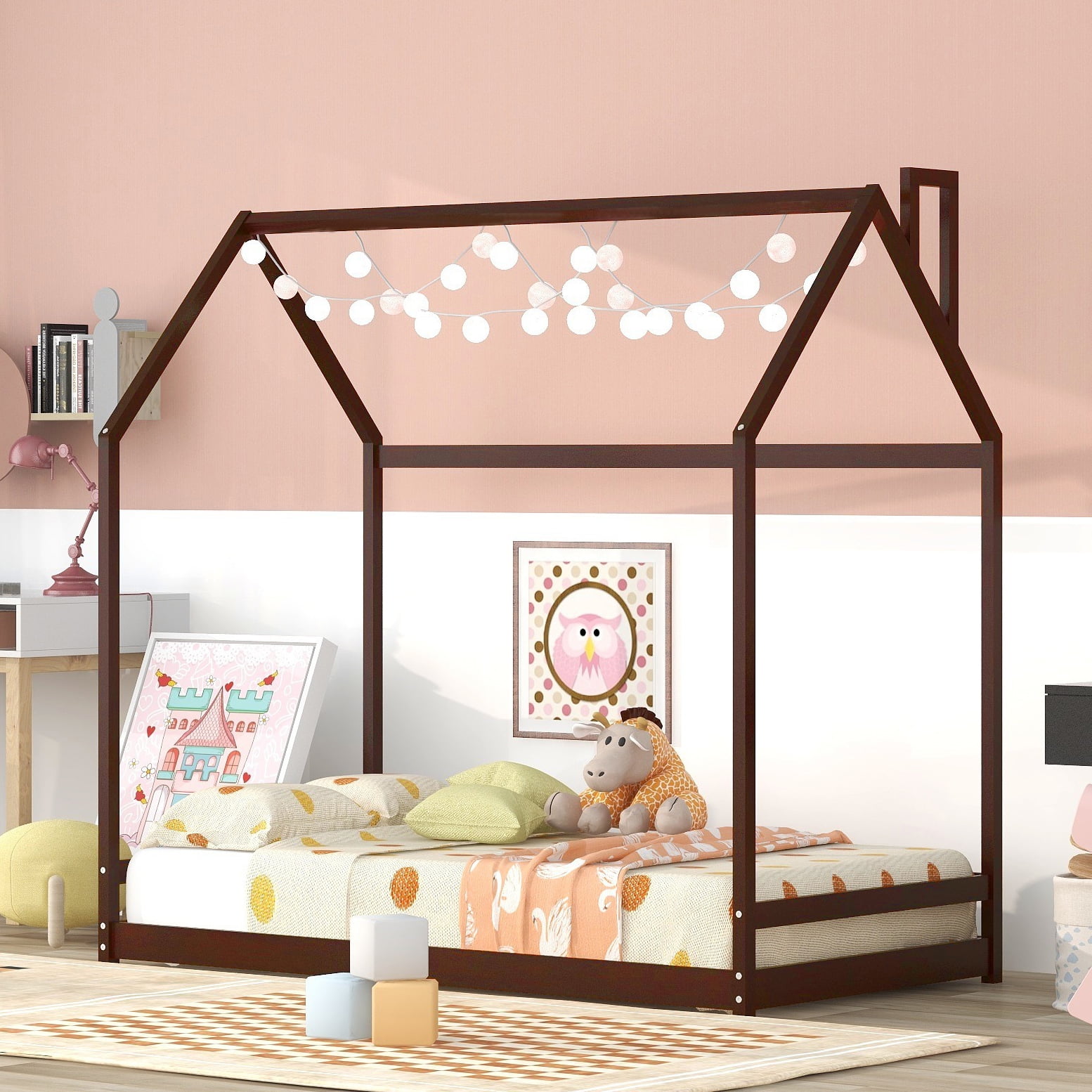 Bellemave Montessori Twin Size Floor Bed, Wood Twin House Bed with ...