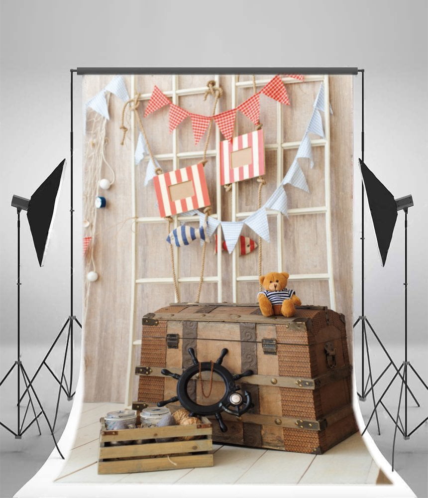 MOHome 5x7ft Happy Birthday Backdrop Sailing Compass Wood Box Ribbon ...