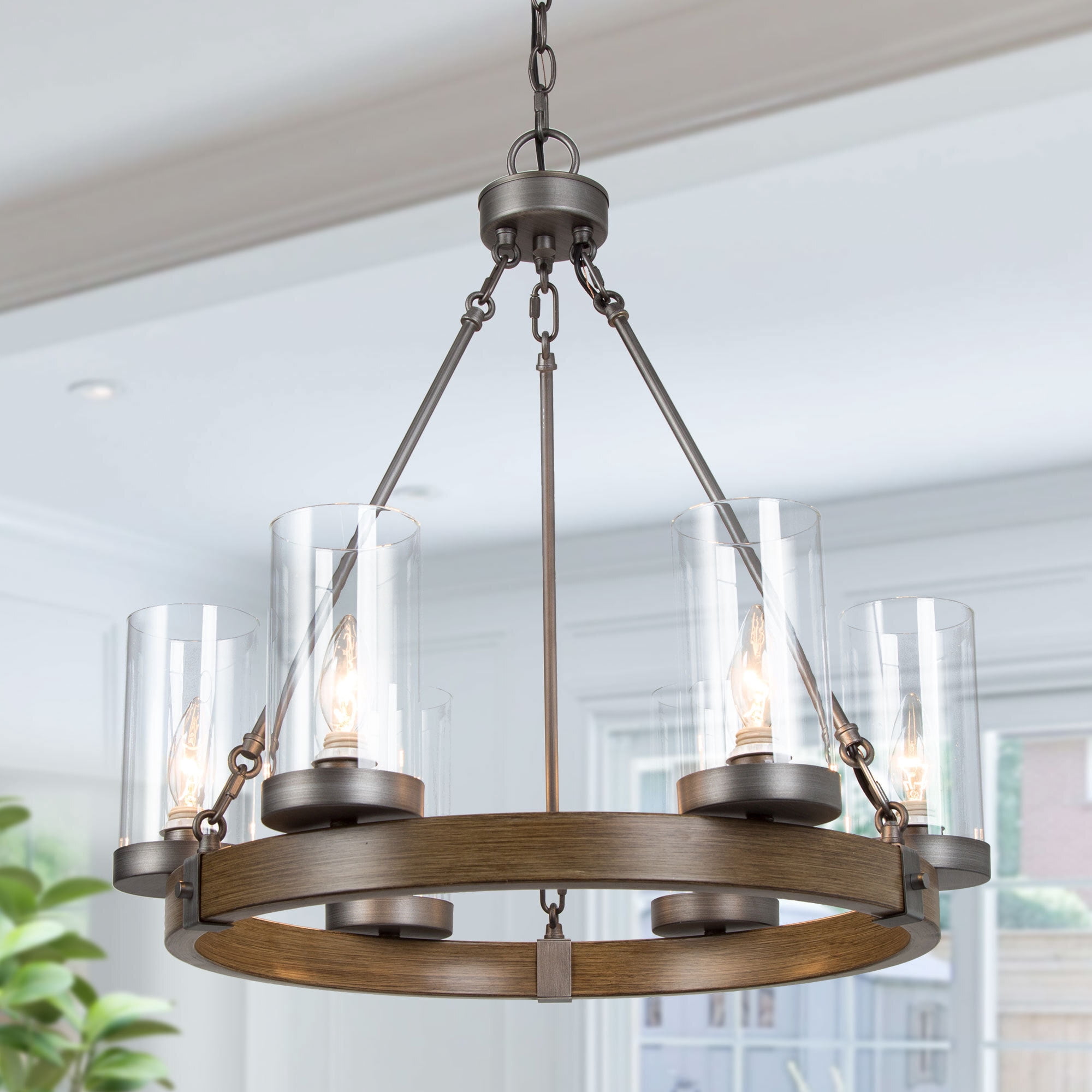 LNC Farmhosue Wood Chandelier 6-Light LED Round kitchen Island Light ...