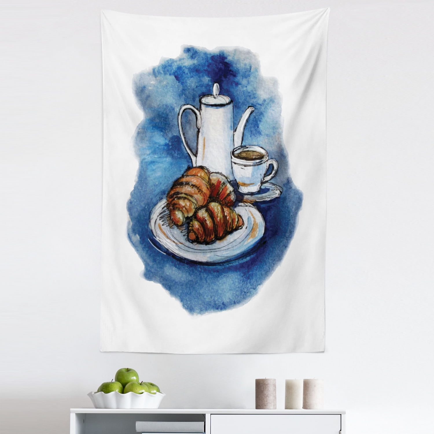 French Cafe Tapestry, Watercolor Style Hot Coffee Pot Cup and ...