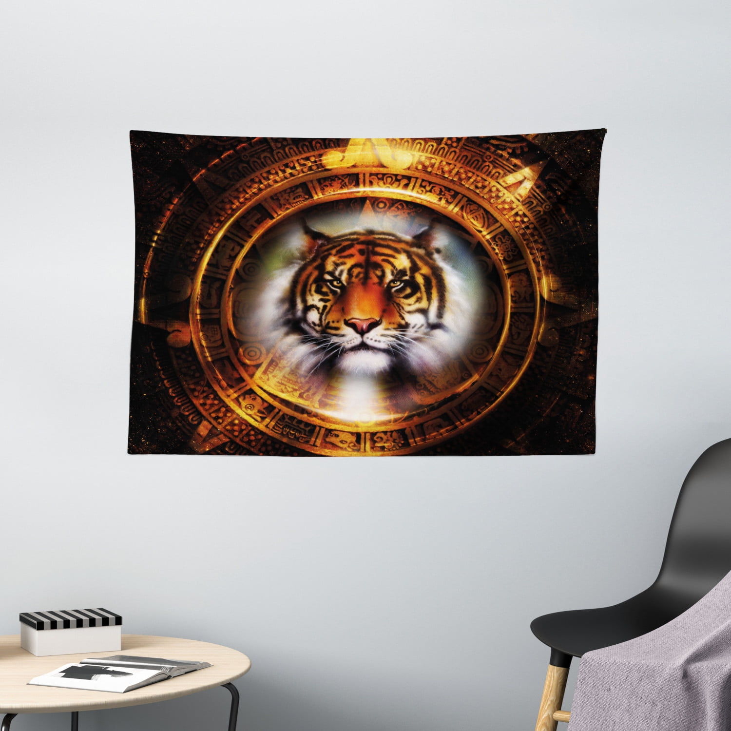 Tiger Tapestry, Ancient Mayan Calender Design with Big Hunter Cat Head ...