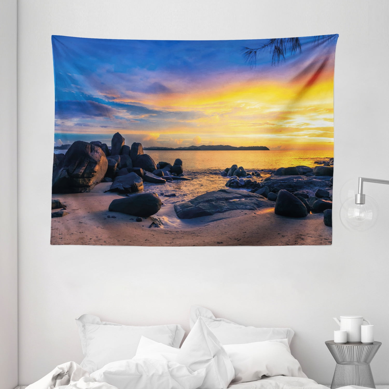 Sunset Tapestry, Horizon Sky at the Beach with Rocks Surreal Tropical ...