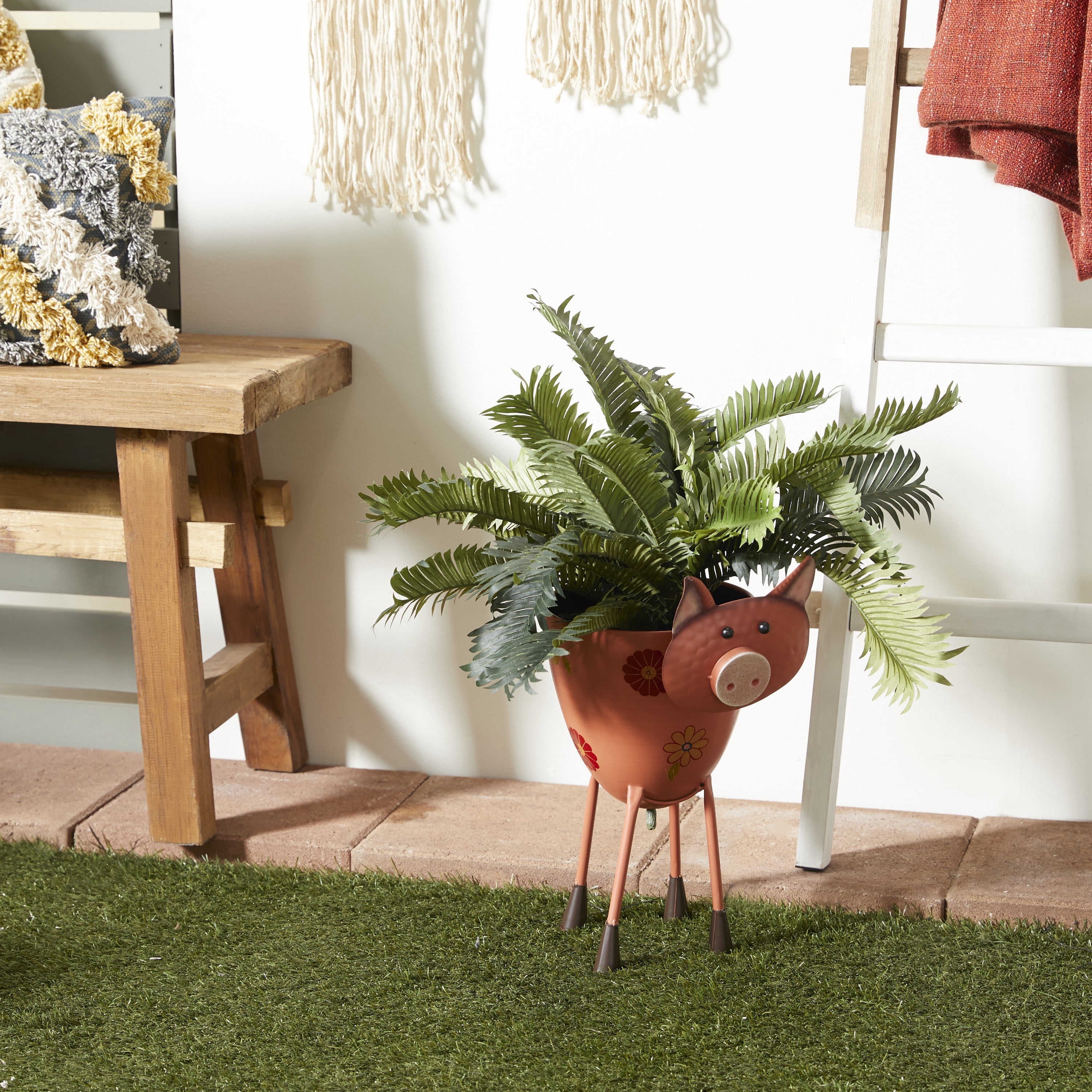 DecMode 8" x 16" Indoor Outdoor Pink Metal Pig Planter with Floral ...