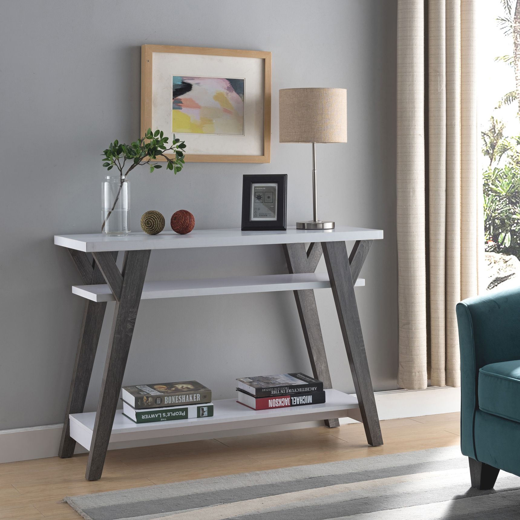 ICE ARMOR White and Distressed Grey Console Table with 3 Shelves for ...
