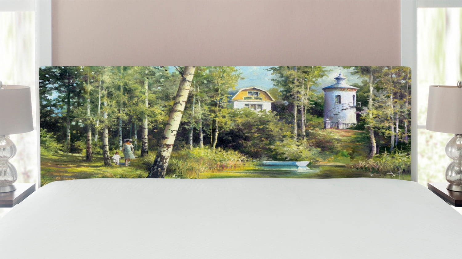 Nature Headboard, Rural Scenery with an Old House, Lake and Retro Tower ...