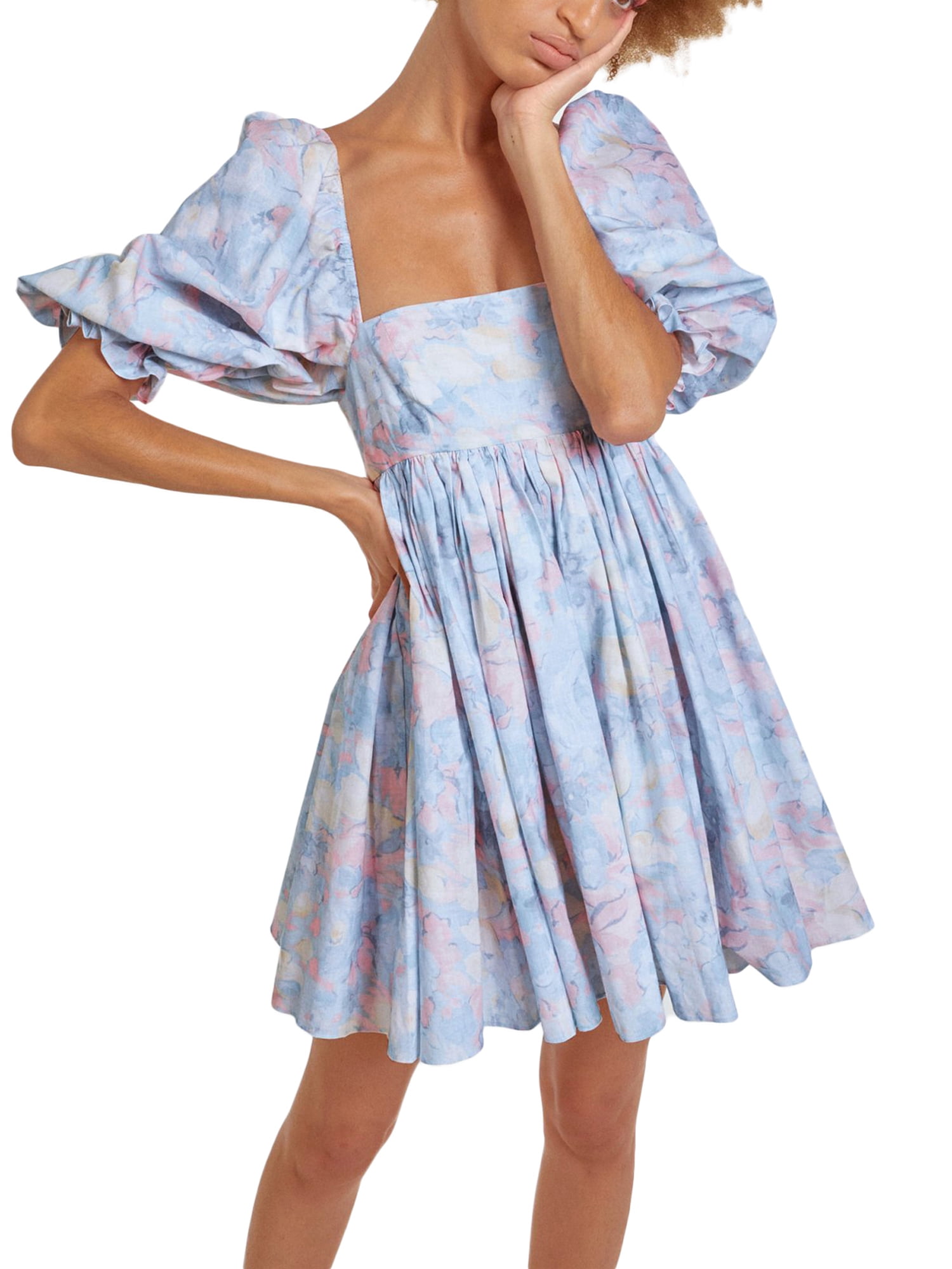 Inevnen Women Cute Puffy Dress Floral Printed Bell Sleeve Square Neck ...