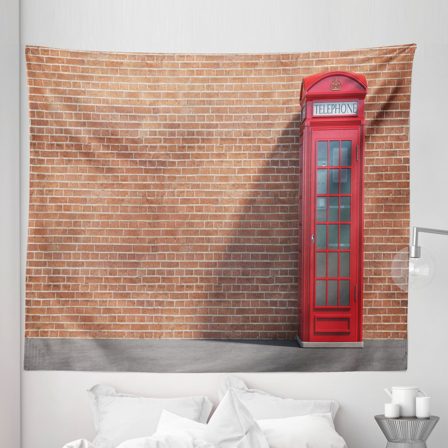 Phone Booth Tapestry, Iconic British Telephone Kiosk on Brick Wall ...