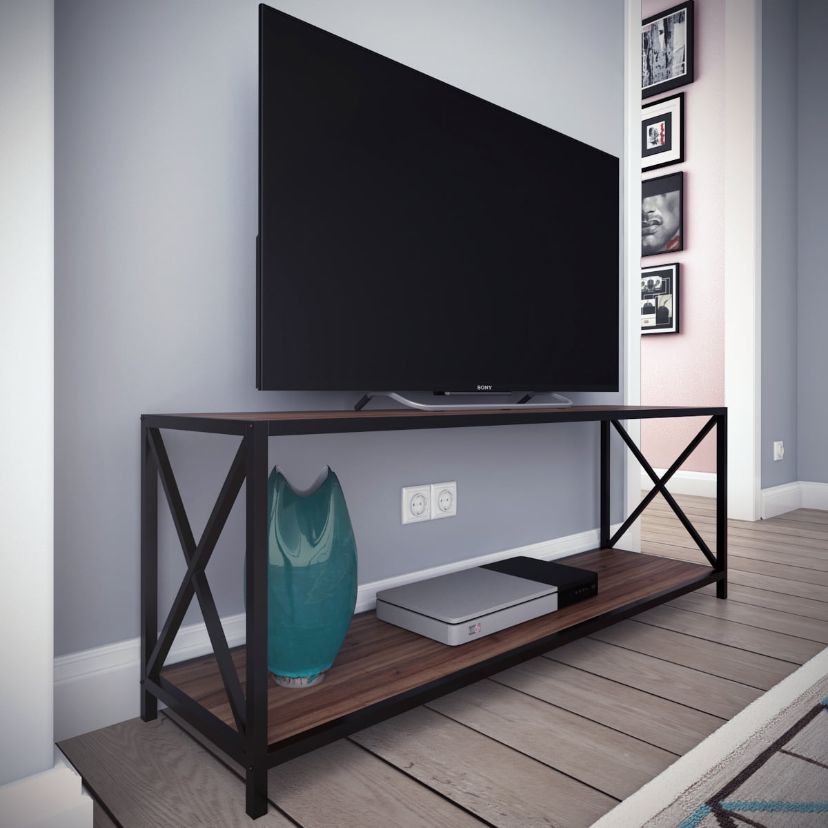 Xena 47" One Shelf Metal TV Stand Console Table, Walnut - Walmart.com