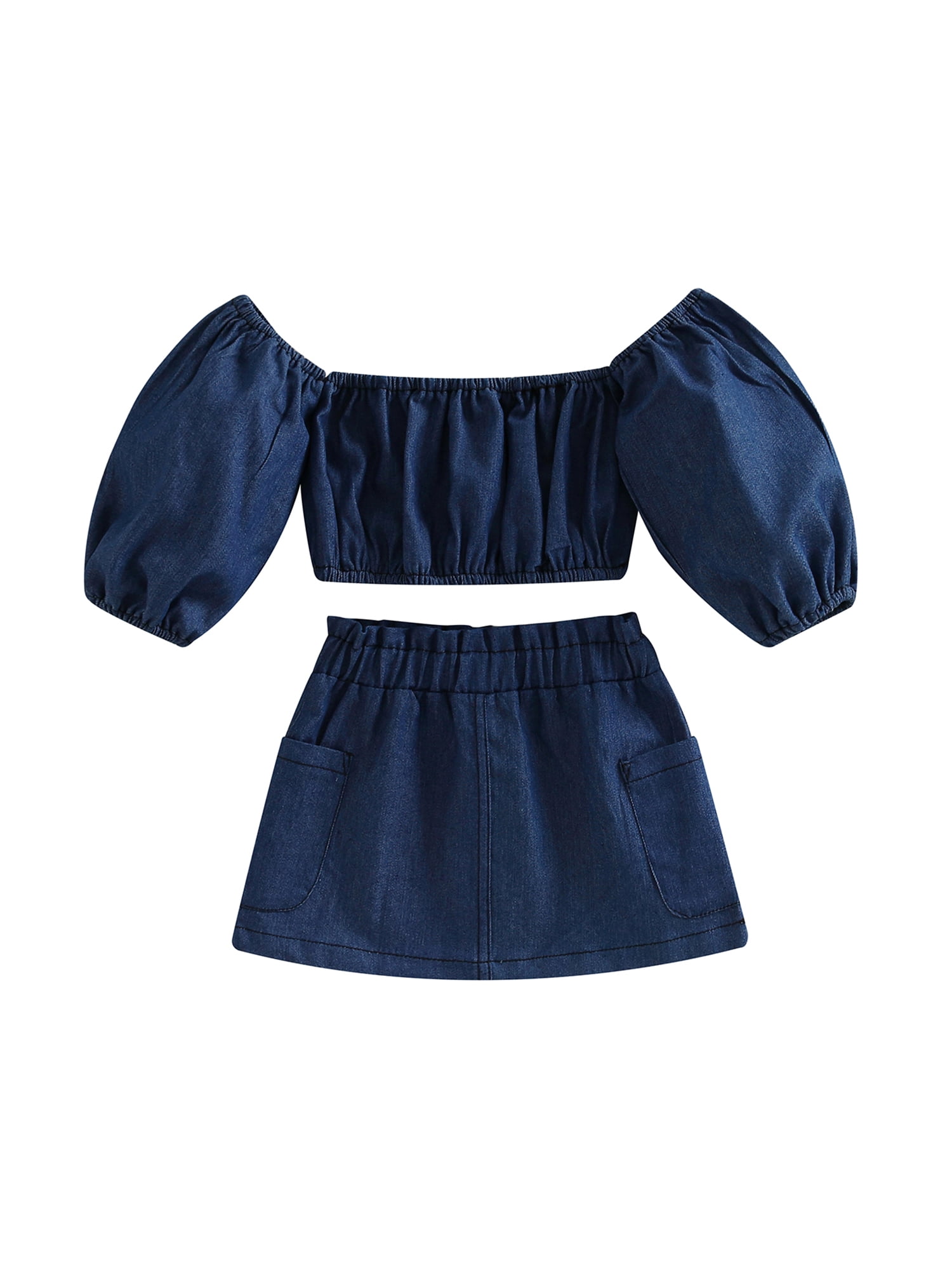 Kids Girl Two Pieces Clothes Set Denim Puff Long Sleeve Off Shoulder ...
