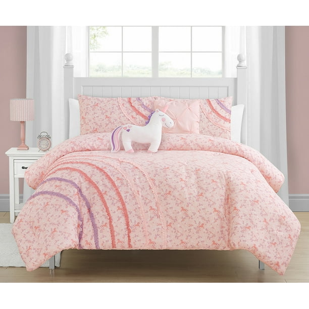 Alex & Bella Comforter Set PinkRainbow Ruffle Microfiber,Twin, 4 Piece ...