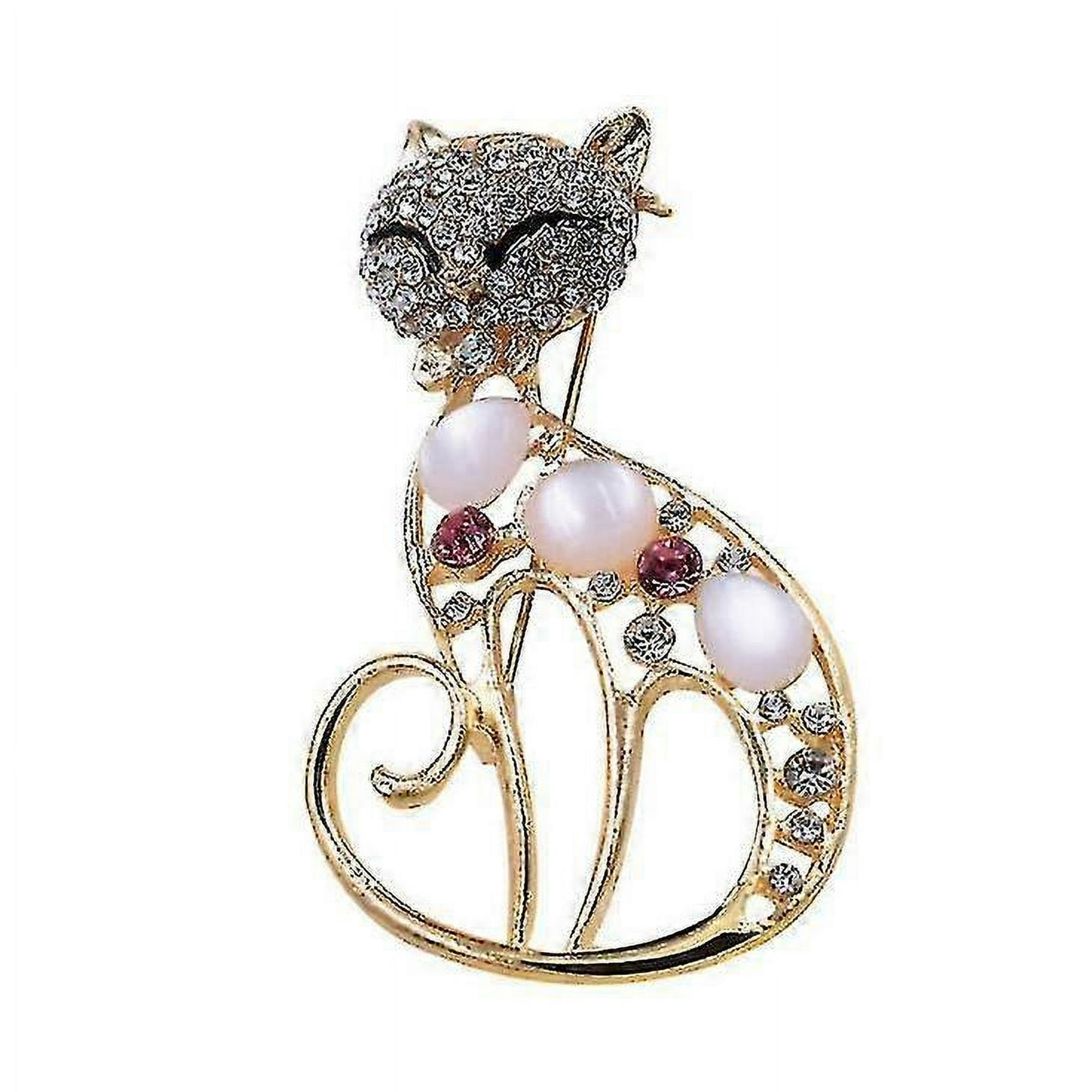 Quality Vintage Gold Cat Brooch Pin Corsage Antique Imitation Opals Animal Brooches
